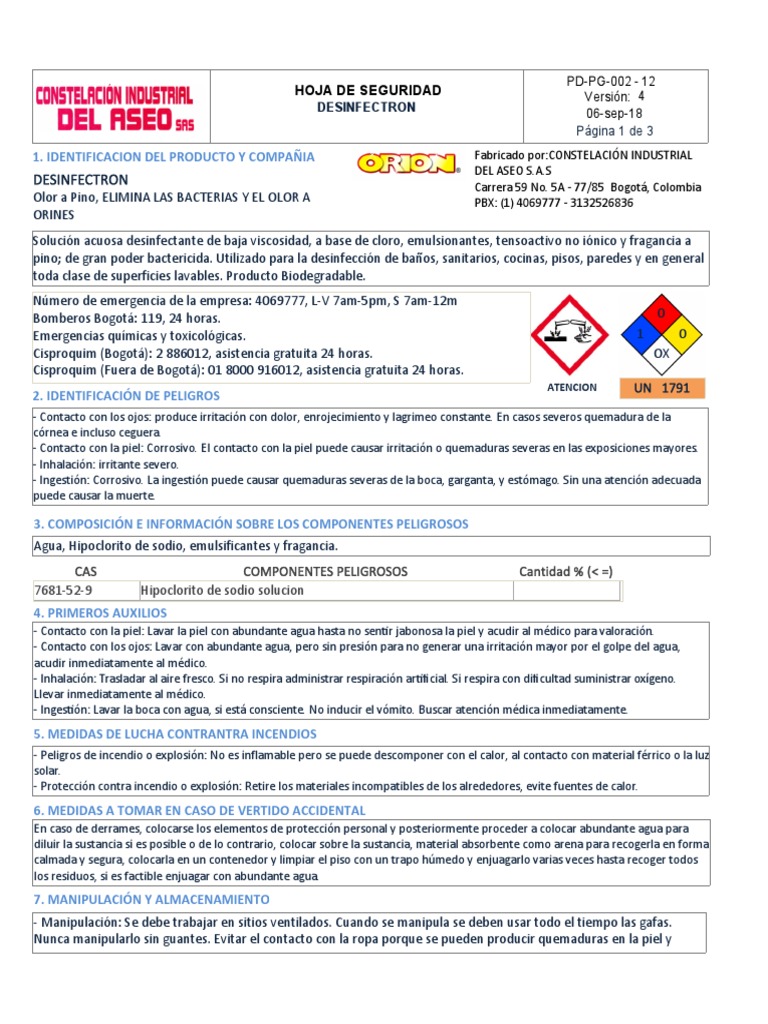Hoja de Seguridad Desinfectron Orion | PDF | Quemar | Agua