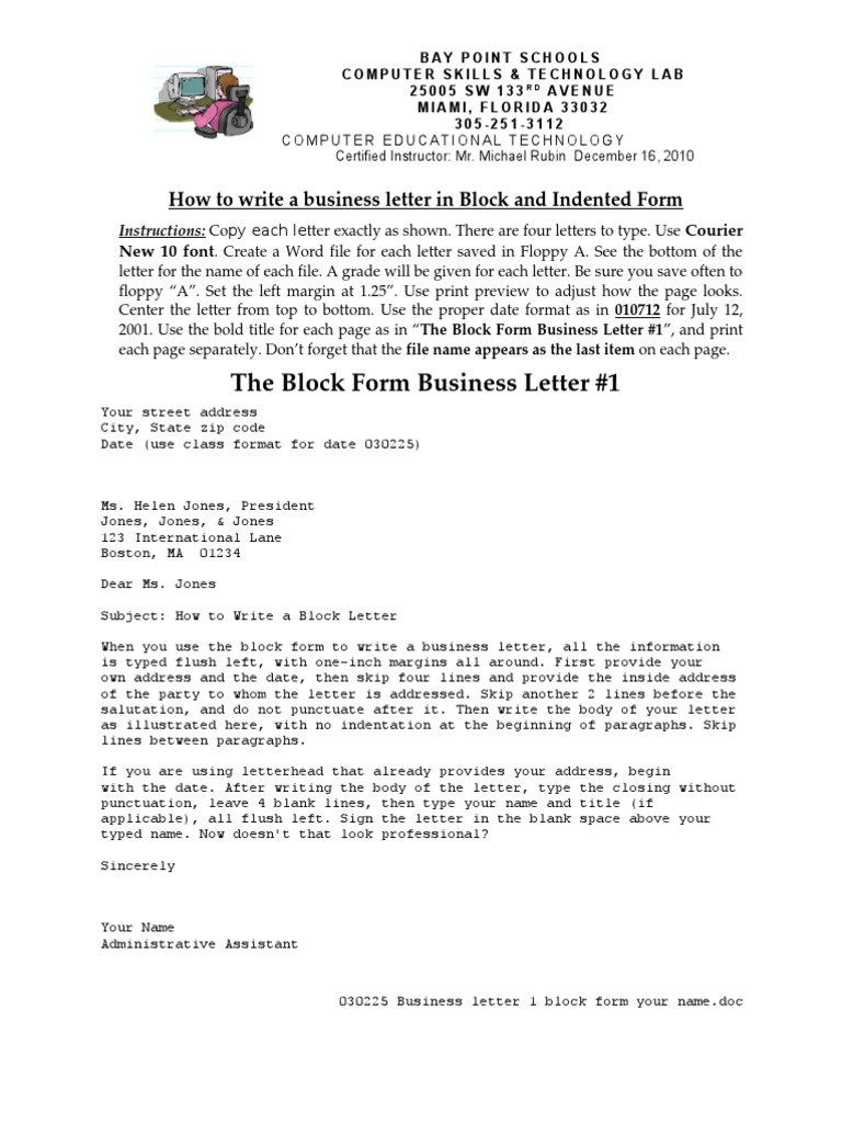 Indented Format Business Letter