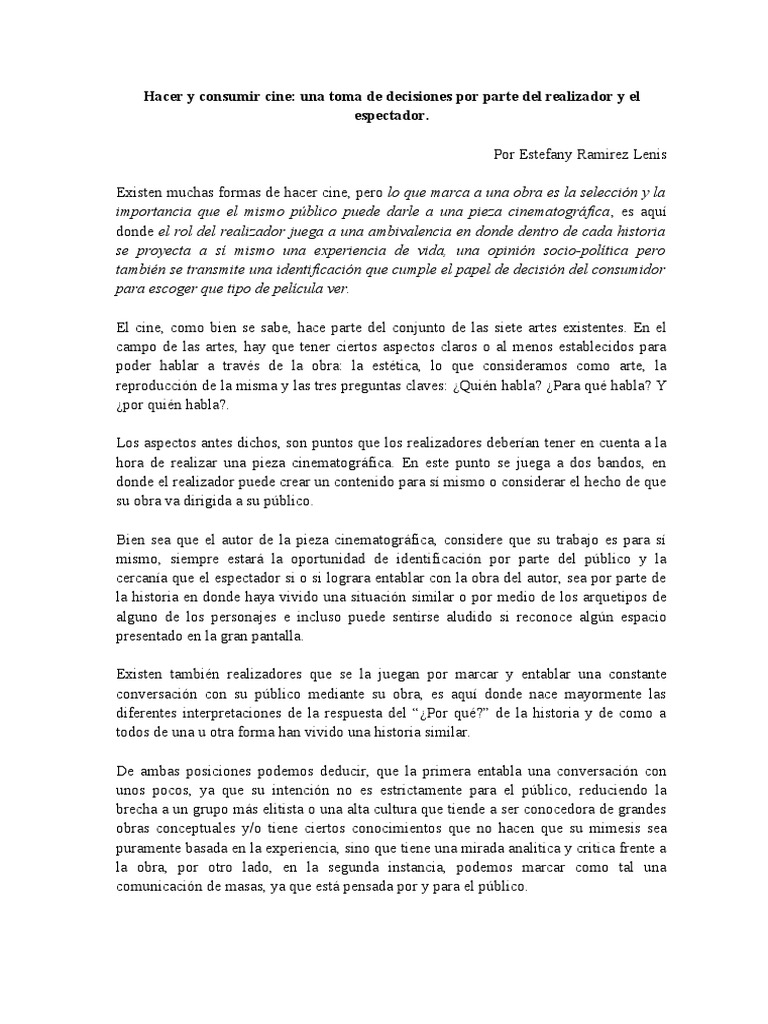 Hacer y Consumir Cine Una Toma de Decisiones Por Parte Del Realizador y ...