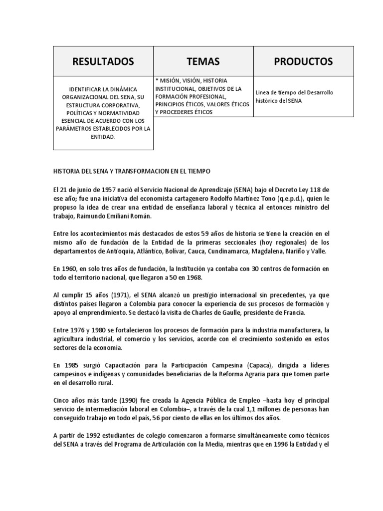 Historia Sena, Mision, Vision | PDF | Economias | Educación avanzada