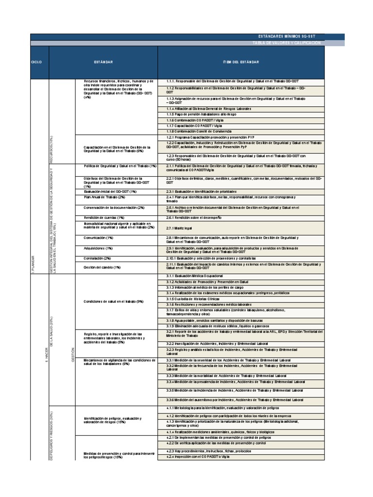 TABLA DE VALORES y CALIFICACIÓN SGSST | PDF | Bienestar | Medicina