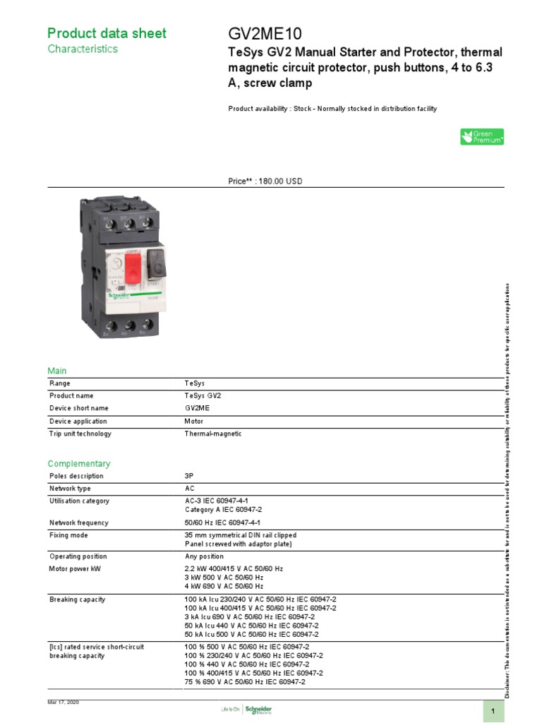 TeSys GV2 Manual Starters and Protectors - GV2ME10 | PDF | Electrical ...
