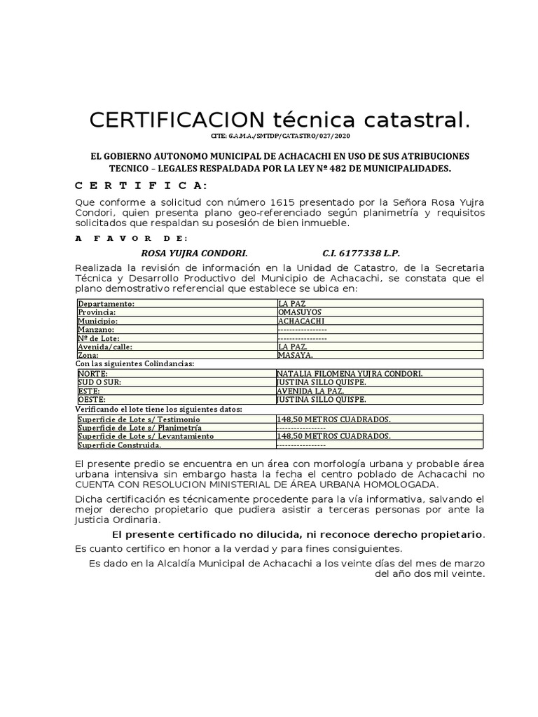 Certificado Catastral ROSA YUJRA CONDORI | PDF | Gobierno