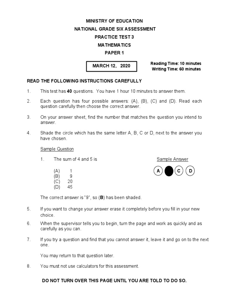 National Grade 6 Assessment Practice Test 2020 Mathematics P1 and Mark ...
