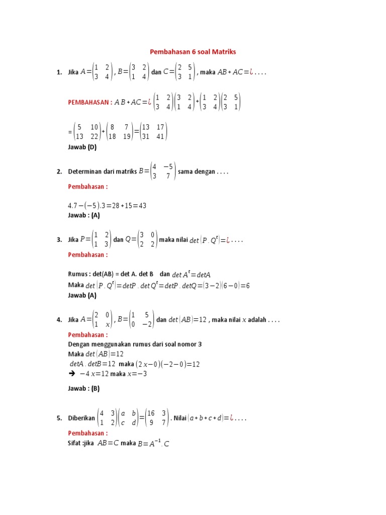 Pembahasan 6 Soal Matriks | PDF