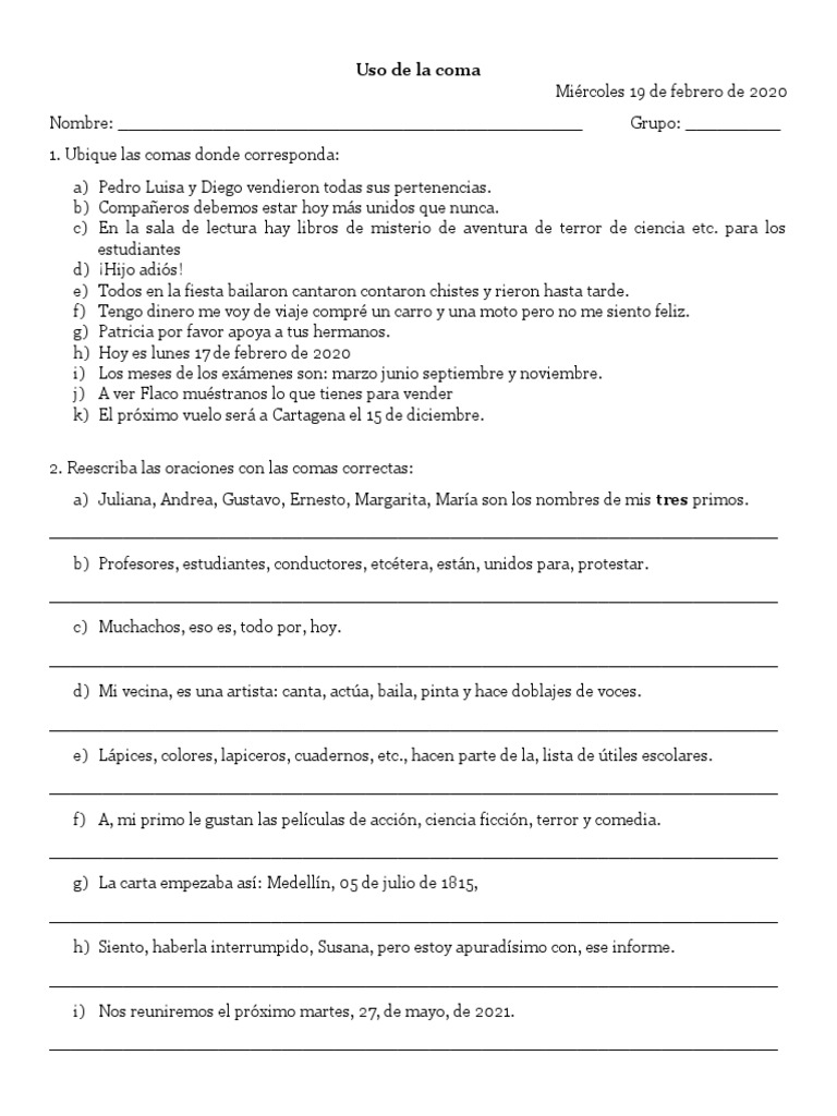 Taller Uso de La Coma | PDF | Juegos y actividades