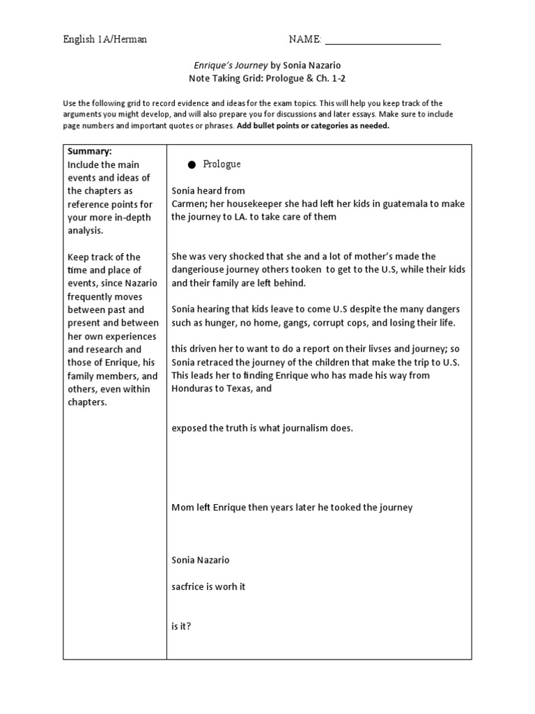 Notetaking Grid-Enriques Journey Prologue CH 1 - 2 | PDF | Adolescence