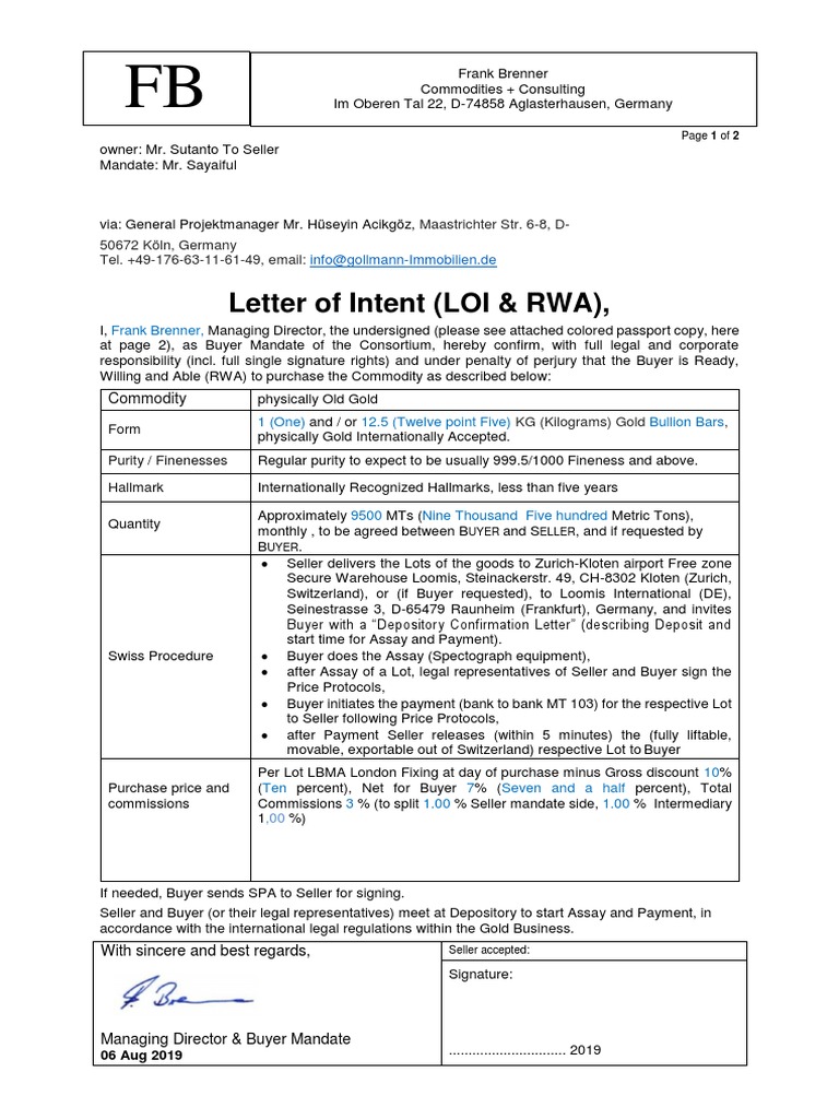Letter of Intent for the Purchase of Physical Gold Bullion | PDF ...