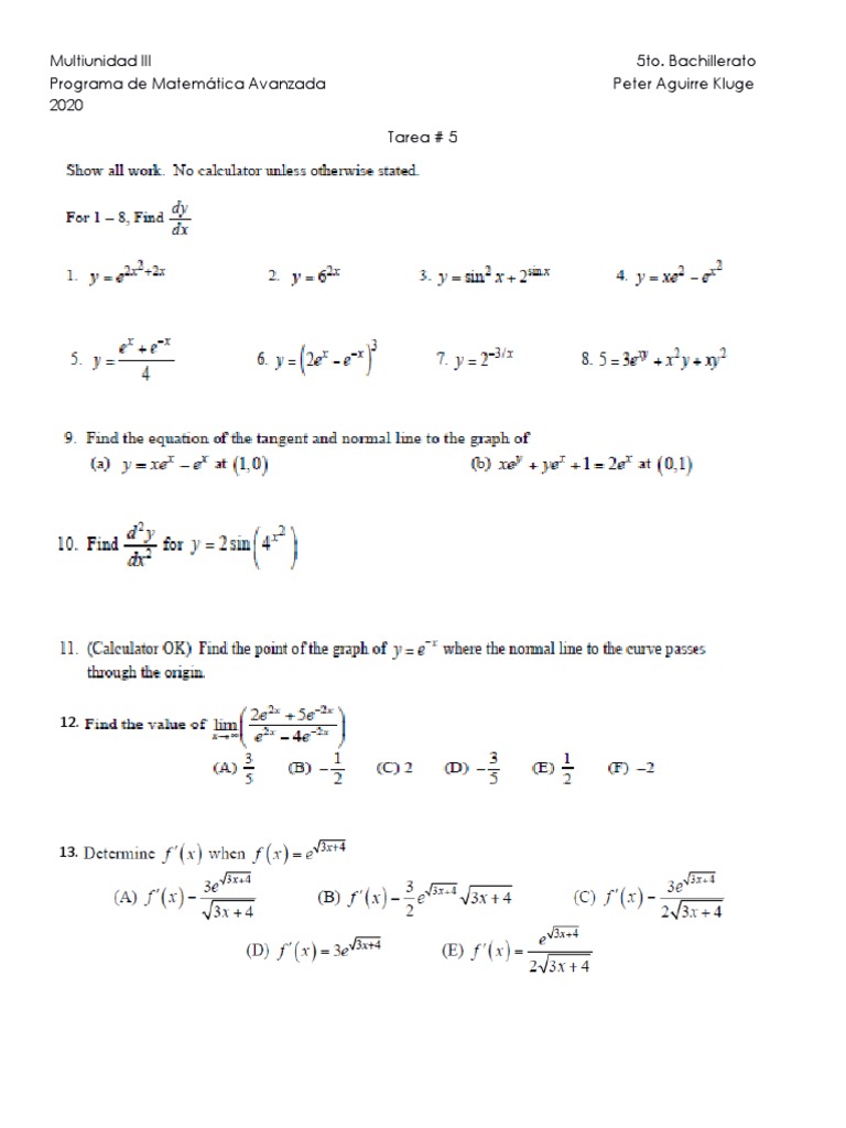 Hoja de Trabajo # 5 Derivadas de Exp y Log PDF | PDF | Negocios