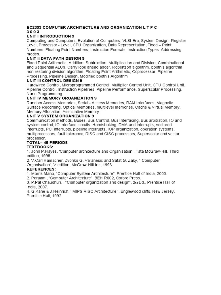 Ec2303 Computer Architecture and Organization L T P C 3 0 0 3 Unit I ...