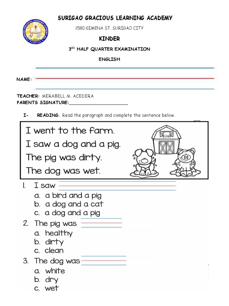 Kindergarten 4th Quarter English Exam | PDF | Wellness