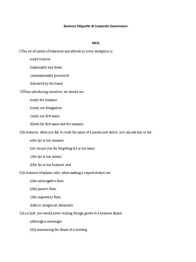 Business Etiquette Question Bank | PDF | Corporate Social ...