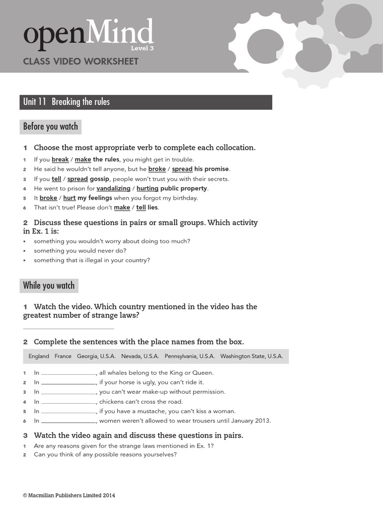 Openmind 3 Unit 11 Class Video Worksheet PDF | PDF | Language Arts & Discipline | Foreign ...