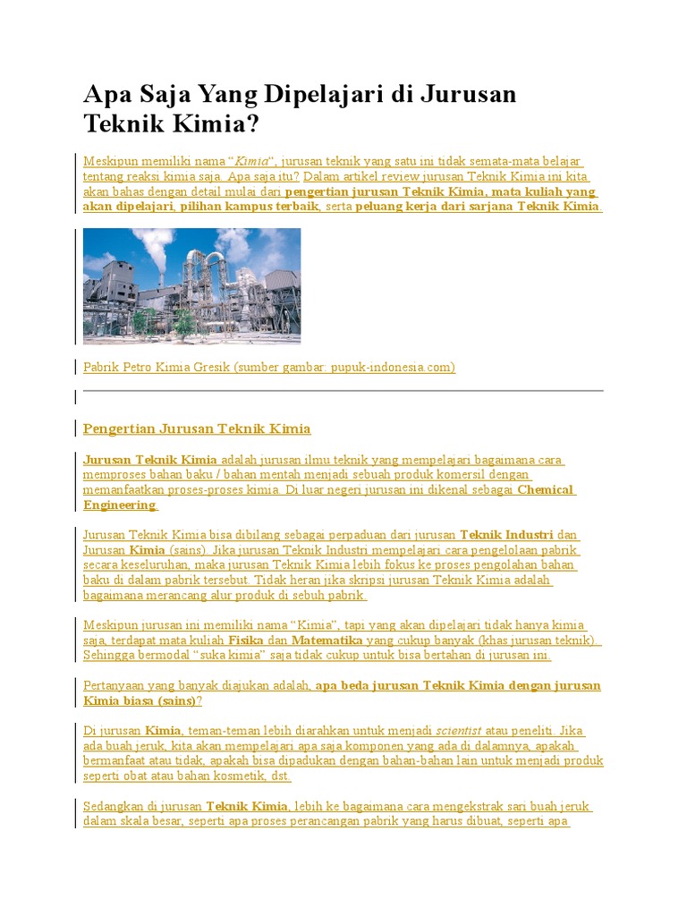 Apa Saja Yang Dipelajari Di Jurusan Teknik Kimia | PDF