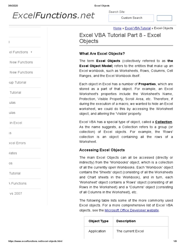VBA 8 Excel Objects PDF | PDF | Worksheet | Microsoft Excel