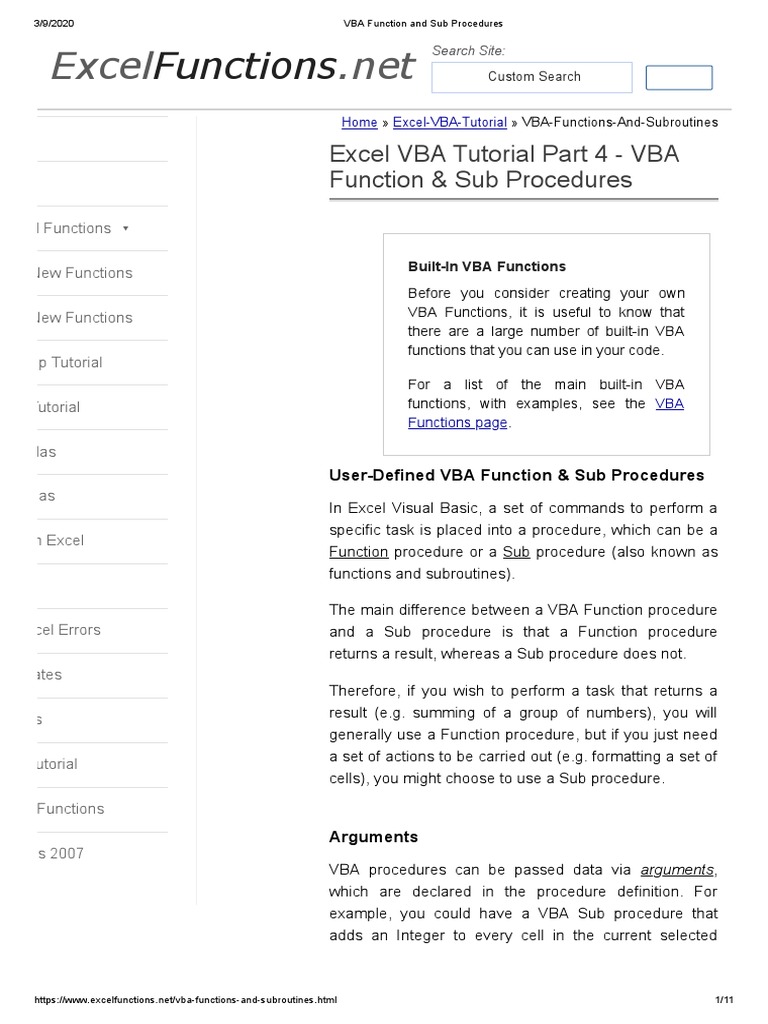 VBA 4 Function and Sub Procedures | PDF | Parameter (Computer Programming) | Subroutine