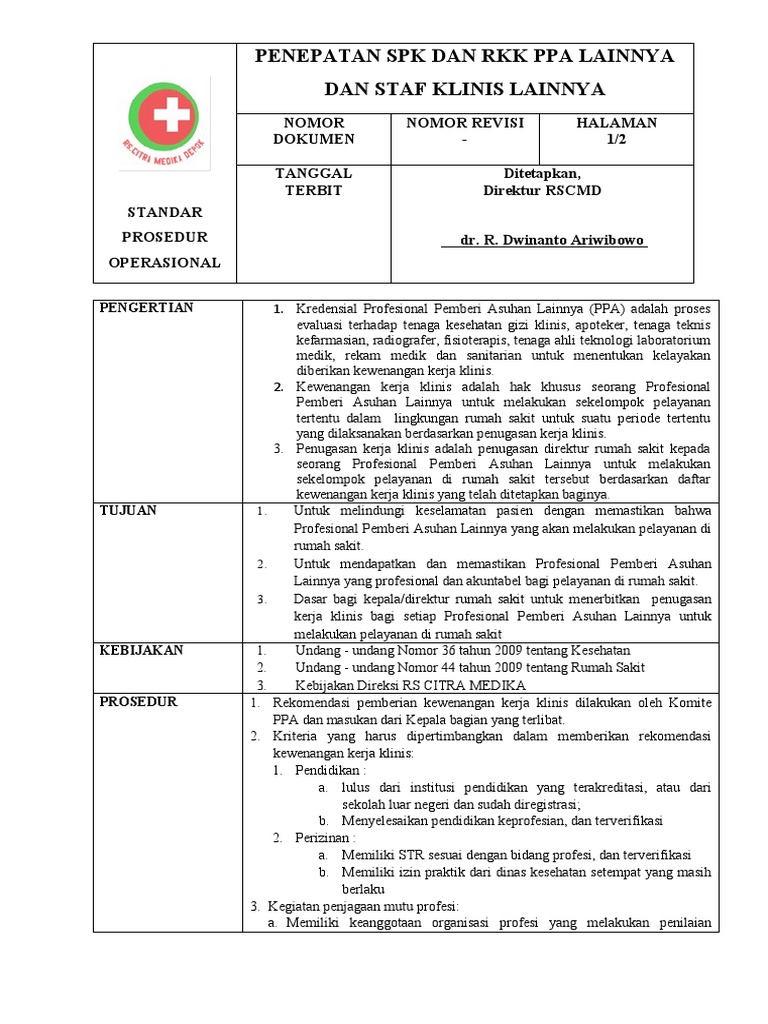 Spo Penepatan SPK Dan RKK Ppa Lainnya Dan Staf Klinis Lainnya | PDF