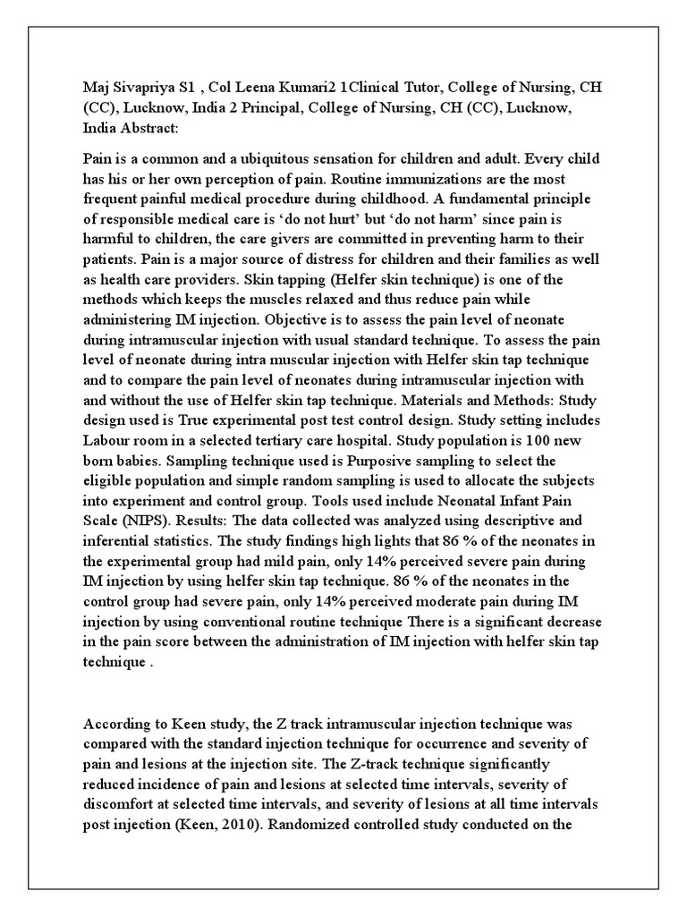 Assessing Pain Levels of IM Injections Using Helfer Skin Tap Technique ...
