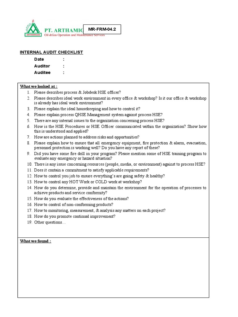 HSE Internal Audit Checklist Overview | PDF
