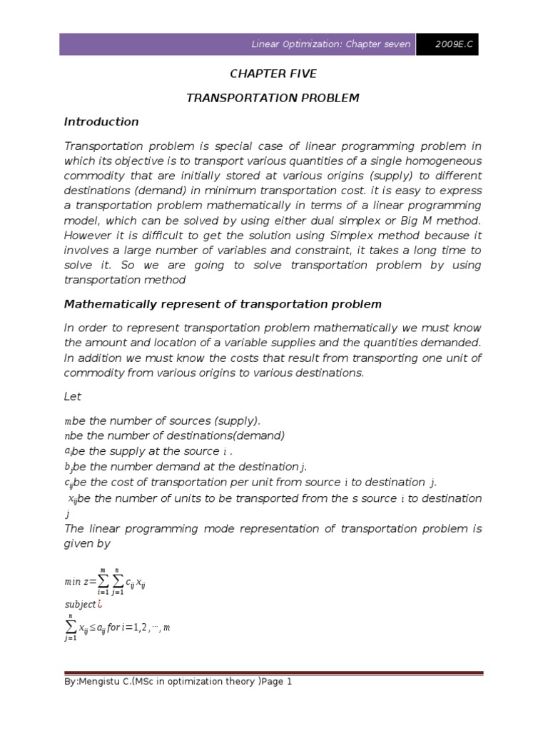 CHAPTER Five Transiportation Problem | PDF | Mathematical Optimization | Linear Programming