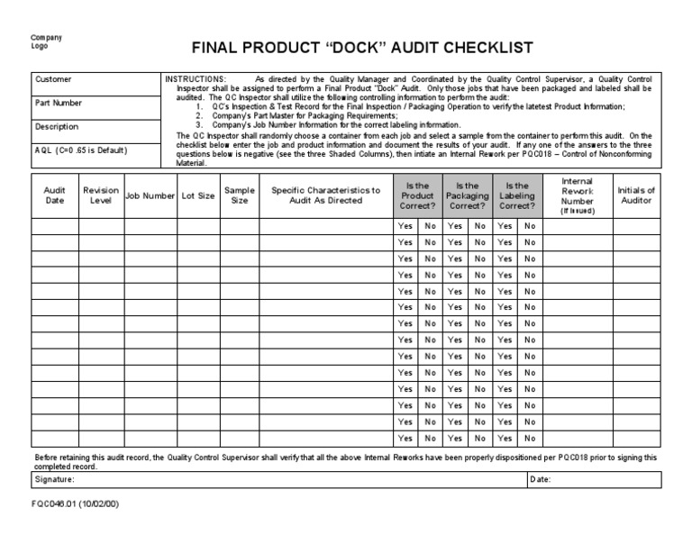 Final Product Dock Audit Checklist (FQC046.01 100200) | PDF | Business