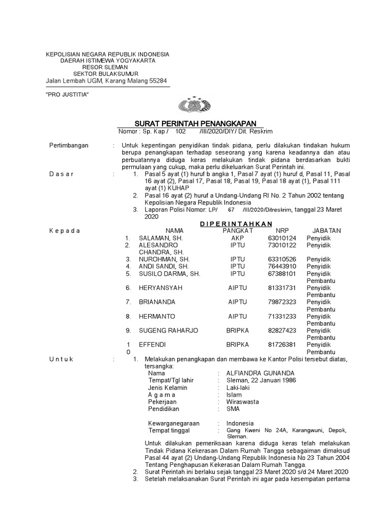 Contoh Surat Perintah Penangkapan | PDF