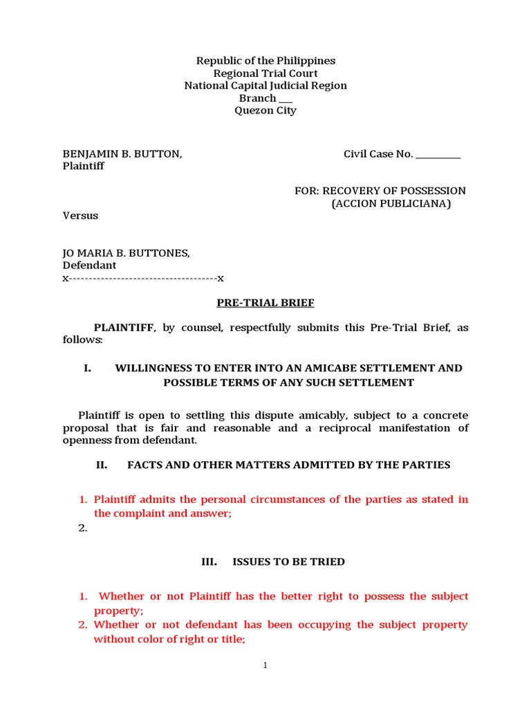 Pre Trial Brief Accion Publiciana | PDF | Discovery (Law) | Complaint
