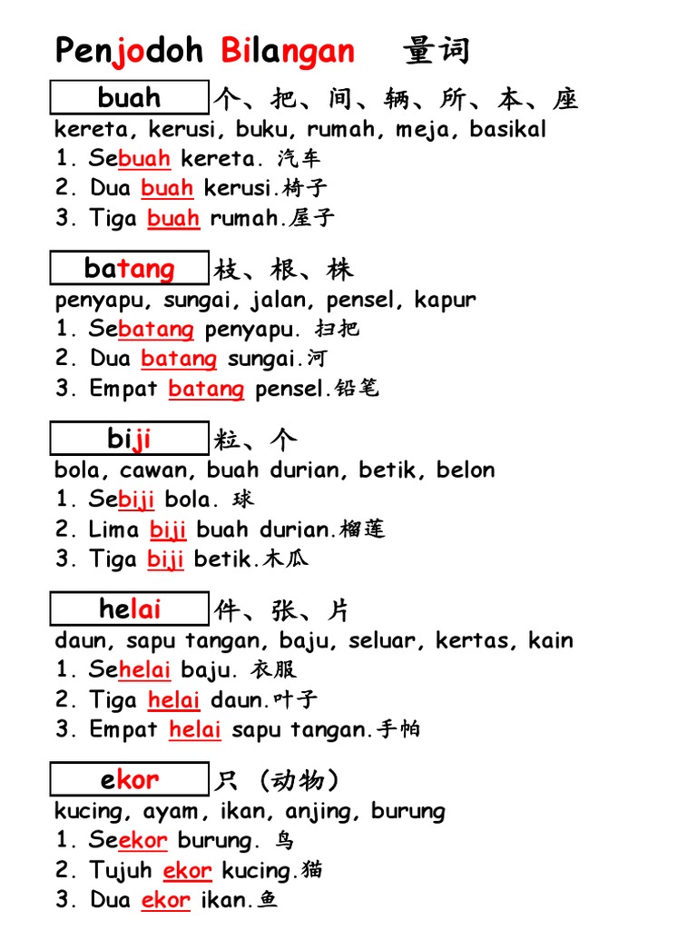 Penjodoh Bilangan Buah, Biji, Batang, Helai, Ekor | PDF