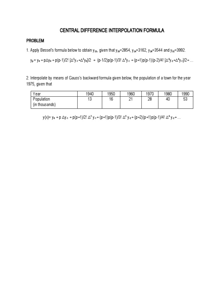 CENTRAL DIFFERENCE INTERPOLATION FORMULA Exercises With Solution | PDF ...