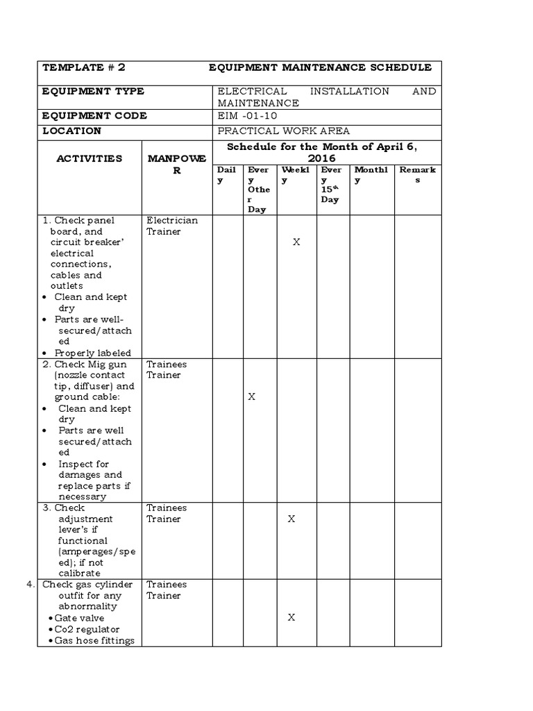 Template No. 2 EQUIPMENT MAINTENANCE SCHEDULE TEMPLATE | PDF