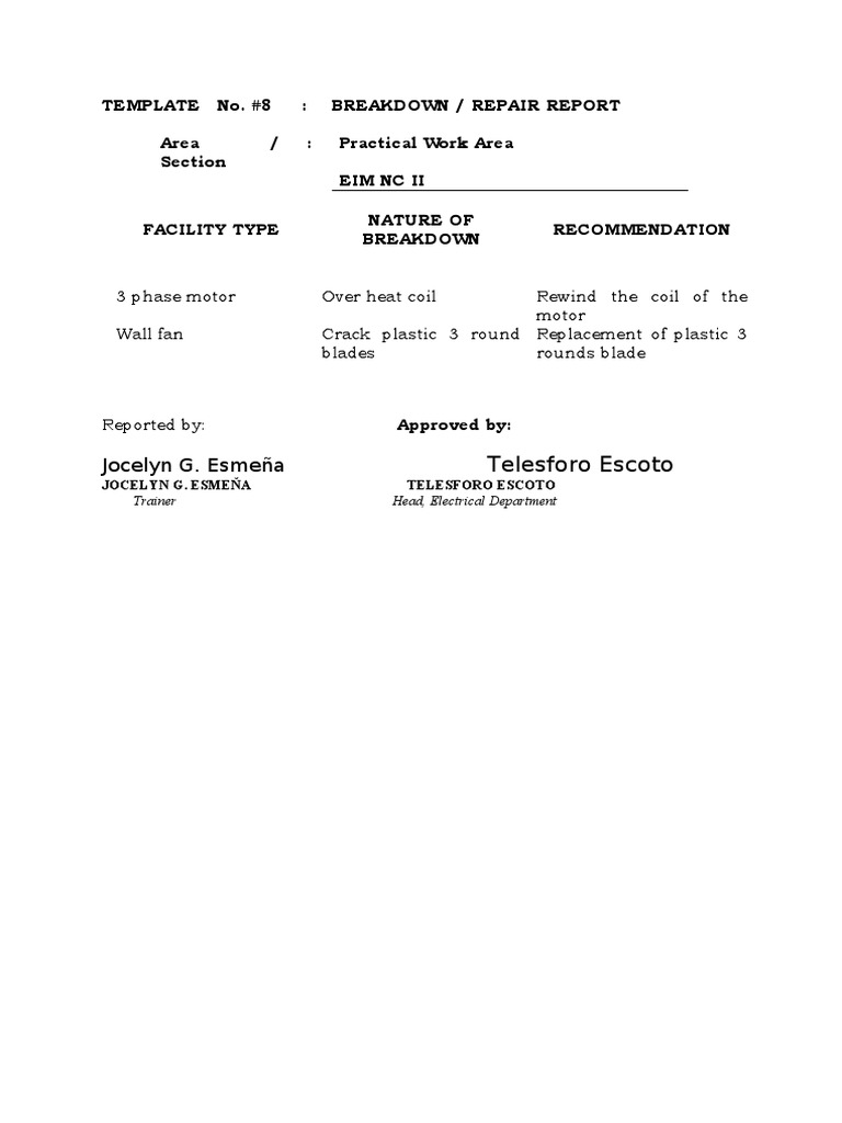 Template No. 8 BREAKDOWN REPAIR REPORT TEMPLATE | PDF