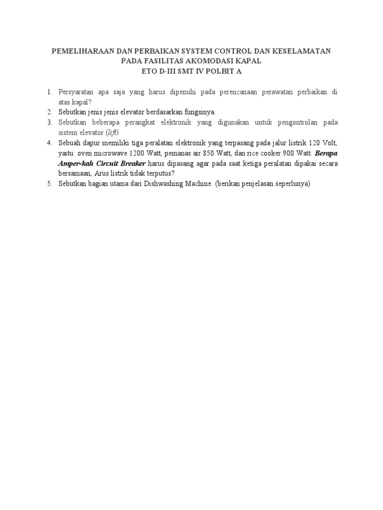 Soal PP SYS CONTROL DAN KSLMTN FASILITAS AKOMODASI KAPAL | PDF Soal PP SYS CONTROL DAN KSLMTN FASILITAS AKOMODASI KAPAL | PDF
