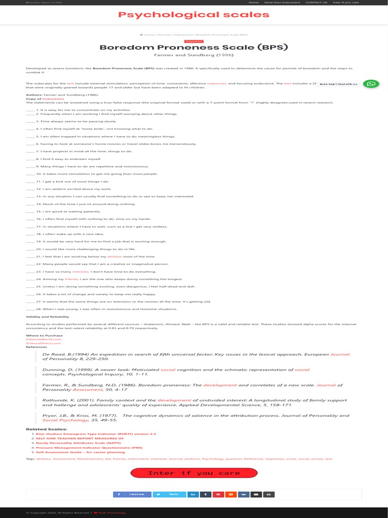 Boredom Proneness Scale (BPS) PDF | PDF | Metaphysics Of Mind | Psychology