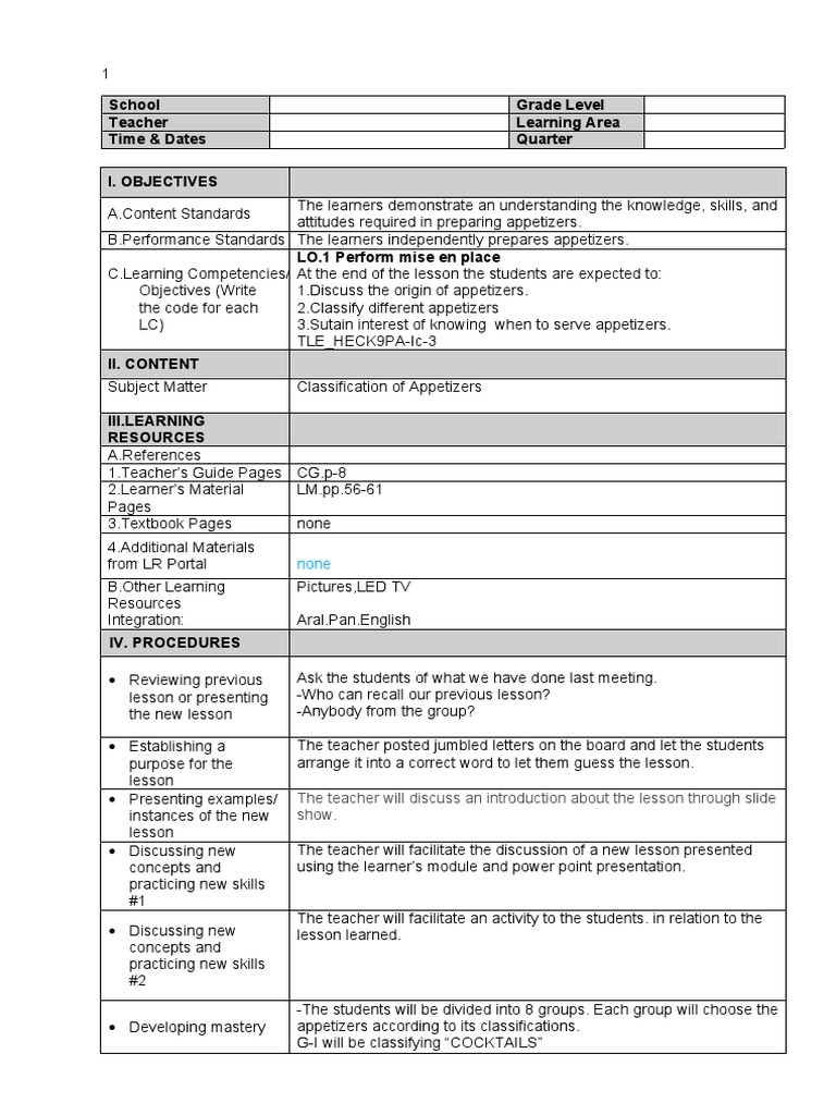DLP-Appetizer - Grade 9 | PDF | Hors D'oeuvre | Teachers