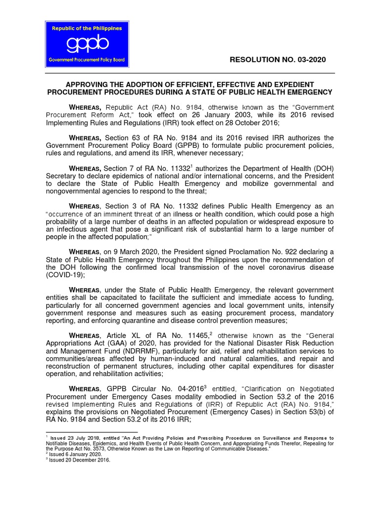 GPPB Resolution No. 03-2020 | PDF | Disaster Risk Reduction | Emergency