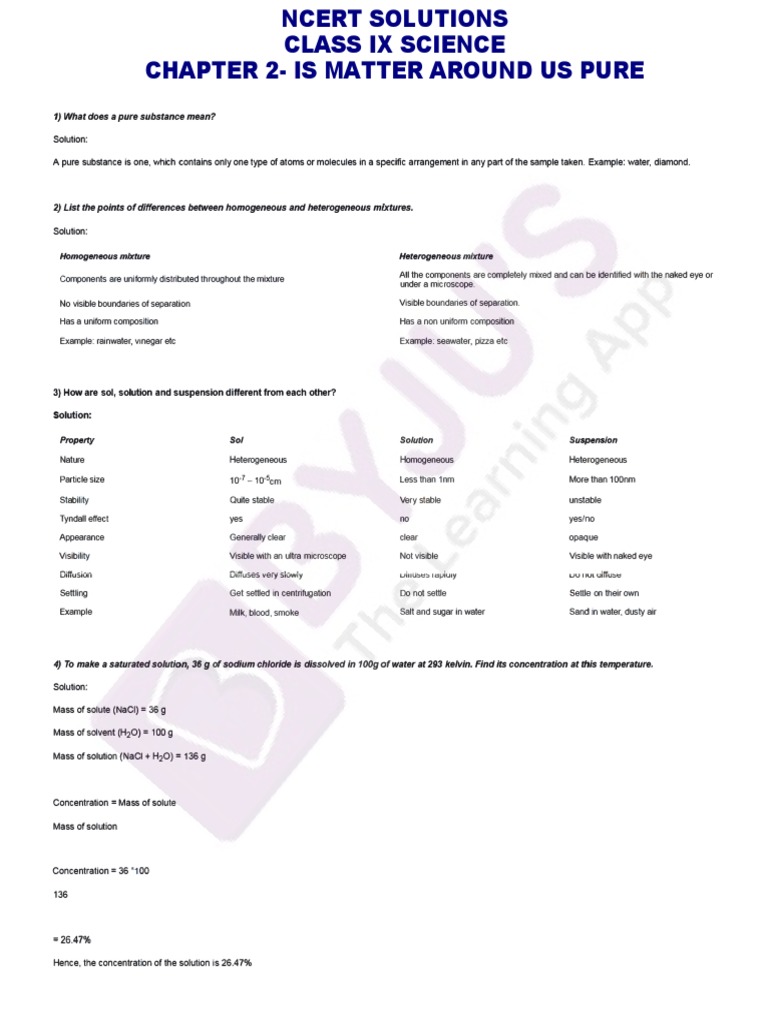 Ncert Solutions Class 9 Science Chapter 2 Is Matter Around Us Pure PDF ...