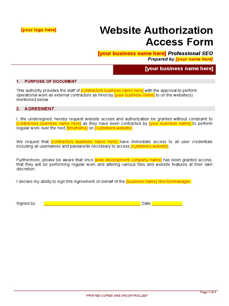 Website Access Authorization Form | PDF