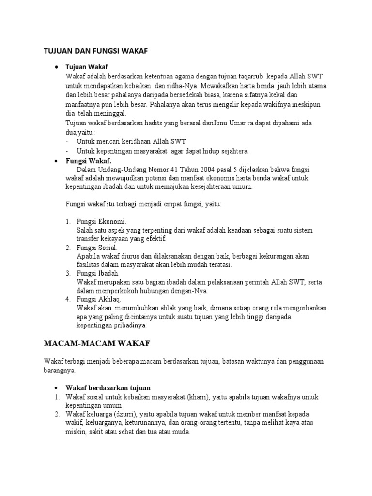 Tujuan Dan Fungsi Wakaf, Macam-Macam Wakaf | PDF