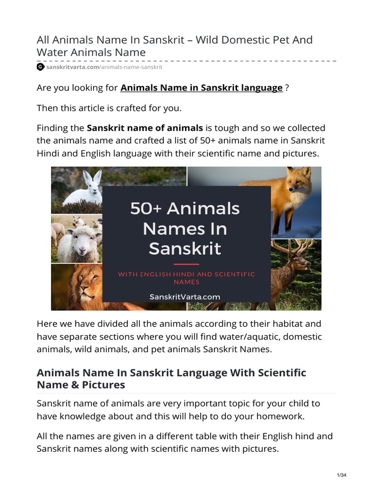 Animals Names in Sanskrit with Pictures | PDF | Pet | Organisms