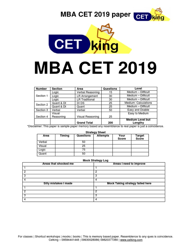 MBA CET 2019 Question Paper MAH MBA MMS DTE With Solution PDF | PDF ...