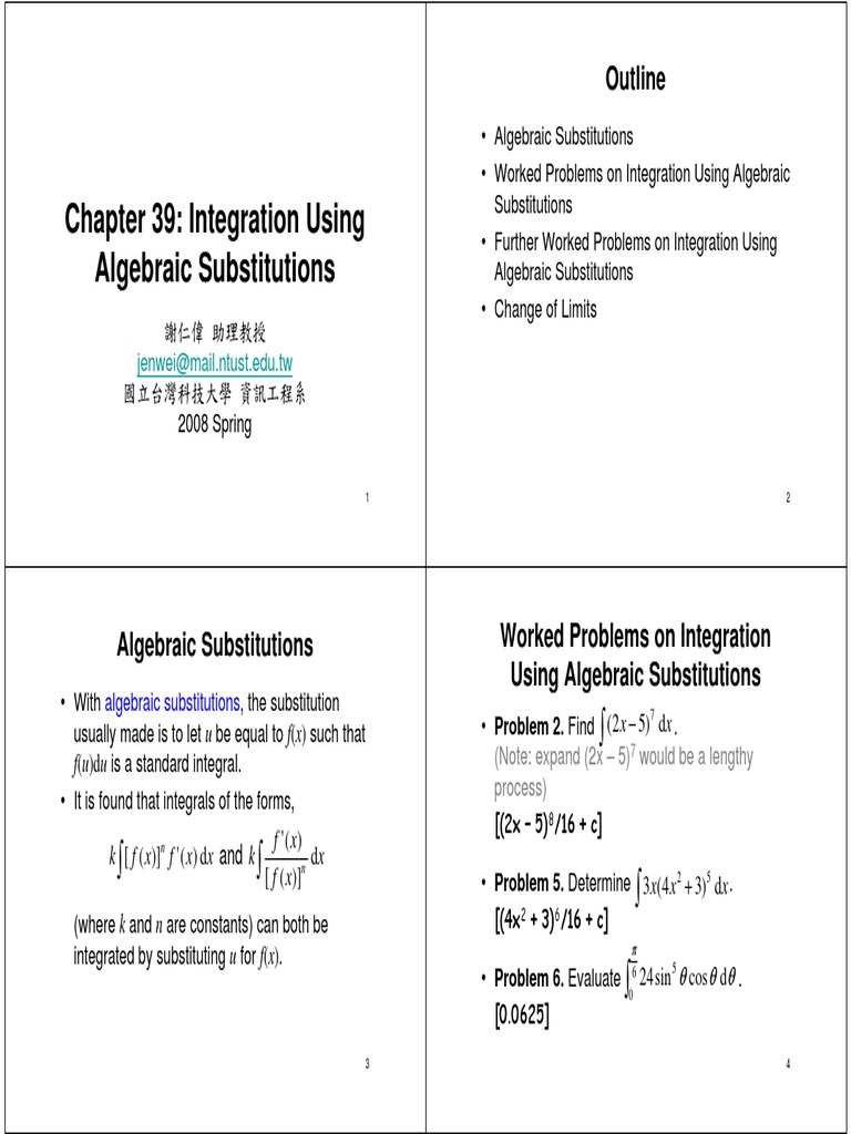 39 Integration Using Algebraic Substitutions PDF | PDF | Integral | Mathematical Analysis