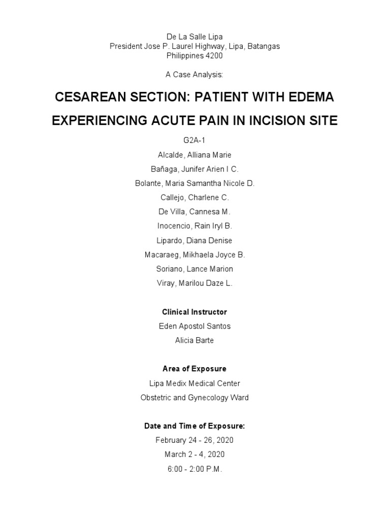 CESAREAN SECTION CASE STUDY: NURSING CARE FOR A PATIENT WITH EDEMA AND ACUTE PAIN | PDF | Uterus ...