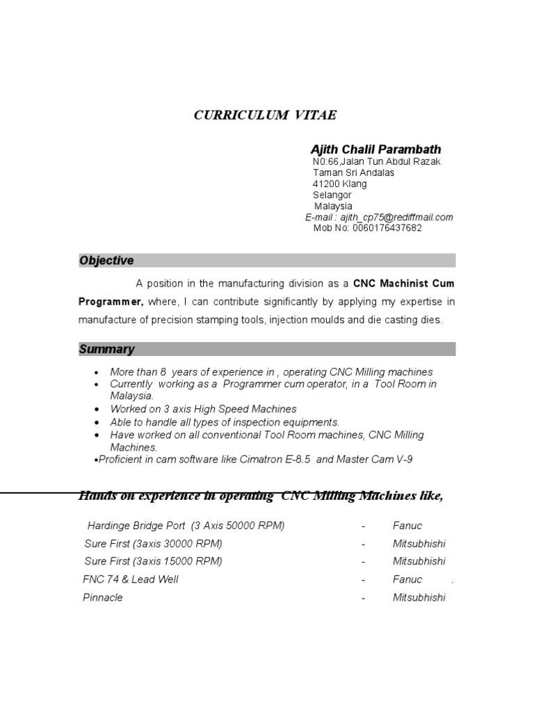 Resume Ajith | PDF | Numerical Control | Engineering