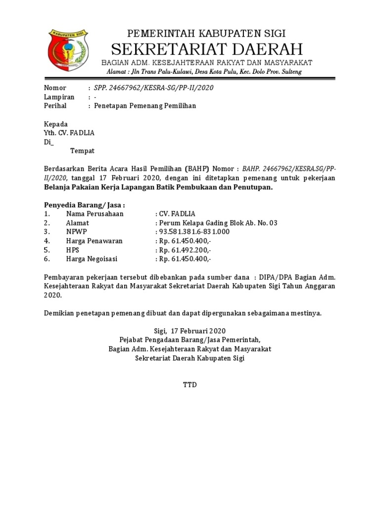 #Surat Penetapan Pemenang PDF | PDF