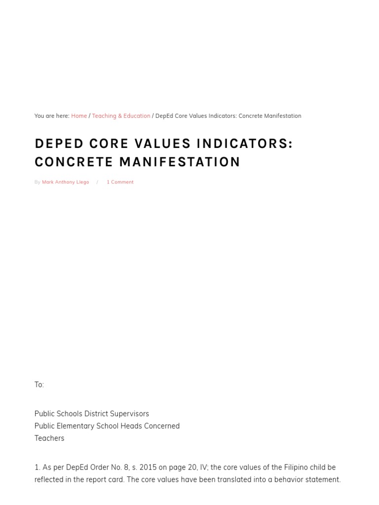 WWW Teacherph Com Deped Core Values Indicators Concrete Manifestation ...