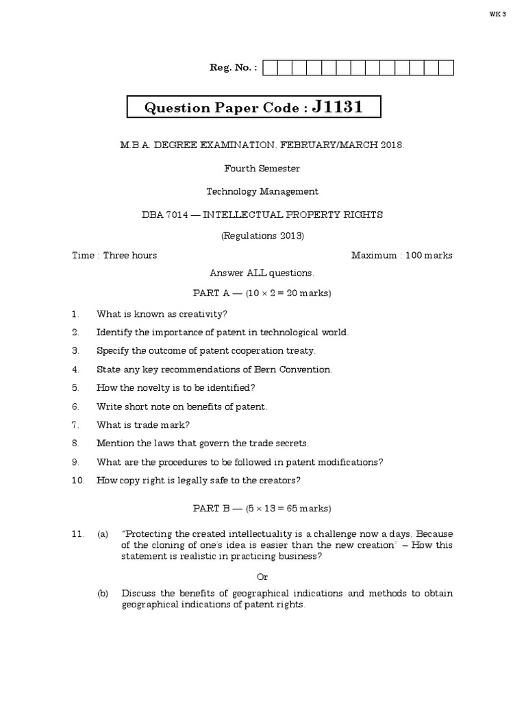Ipr Question Paper PDF | PDF | Intellectual Property | Trademark