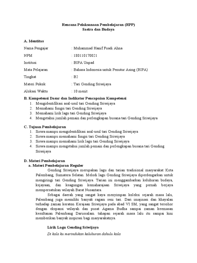 Muhammad Hanif Fuadi Ahna - RPP BIPA Sastra Dan Budaya | PDF
