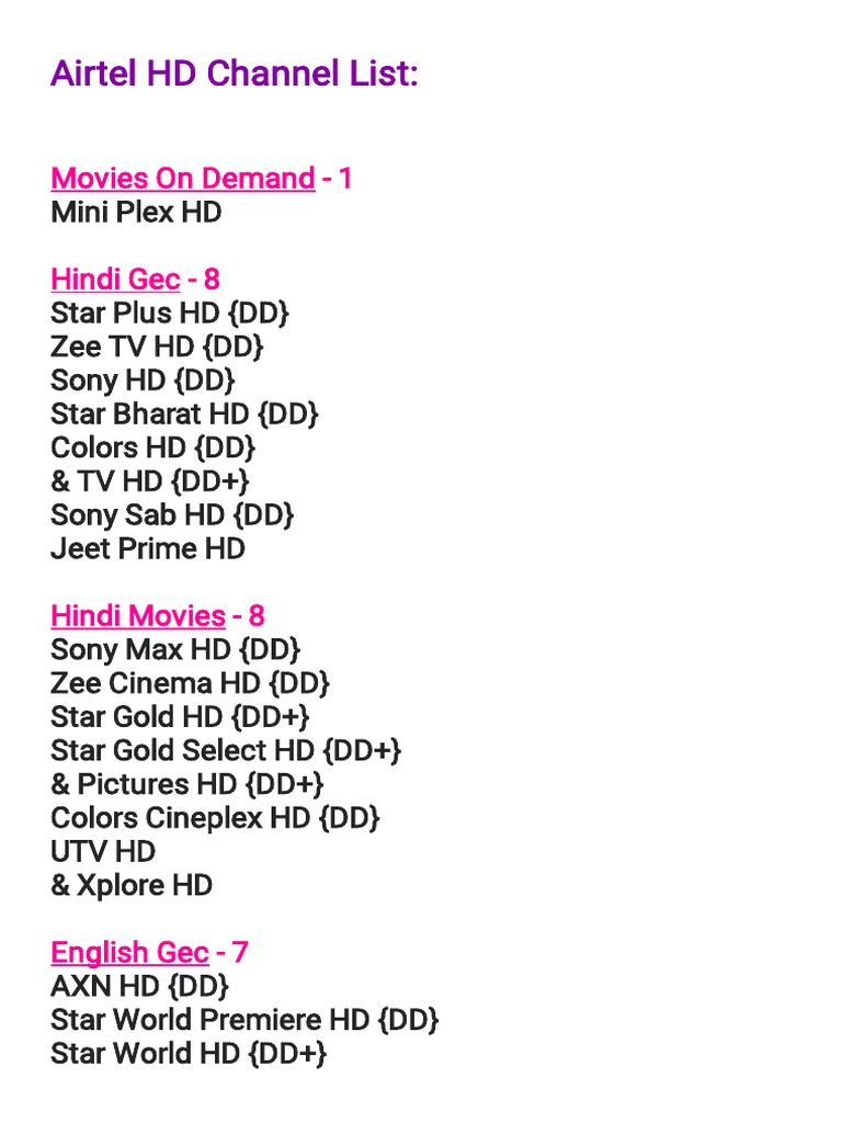 Airtel HD Channel List with 84 Channels | PDF