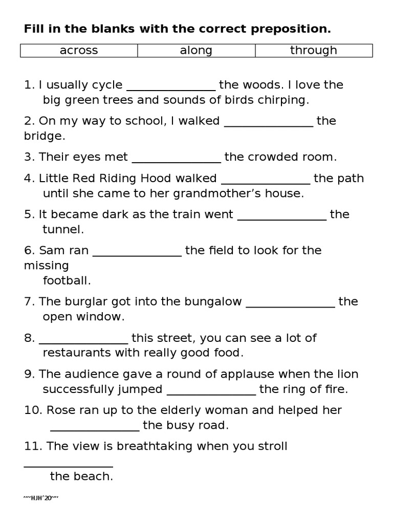 Across Along Through Worksheet | PDF