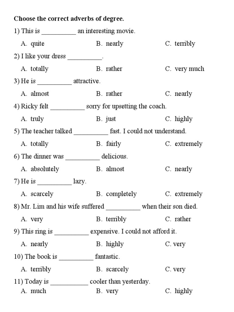 Adverbs of Degree Exercise